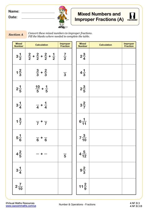 Grade 4 Free Printable Fraction Worksheets Improper Mixed Numbers