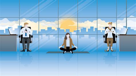 차분한 사업가가 노트북으로 일하는 직원들 사이의 사무실에 앉아 요가를 명상합니다 비즈니스 아이디어 솔루션을 생각하고 문제를 해결하고 스트레스 해소 마음 챙김 호흡 및 휴식