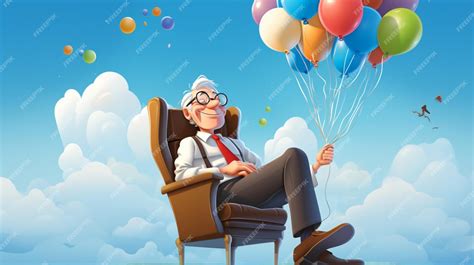 Premium Vector A Cartoon Of A Man Sitting In A Chair With Balloons