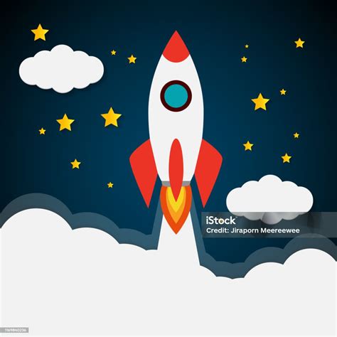 하얀 구름과 함께 하늘을 날아다니는 빨간색과 흰색 로켓 우주로 여행하는 별과 노란 달의 전체 밤 하늘에 비행 빨간 흰색 로켓 개념에 대한 스톡 벡터 아트 및 기타 이미지