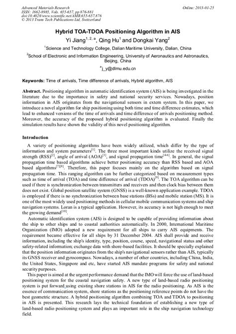 Hybrid Toa Tdoa Positioning Algorithm In Ais Scientificnet