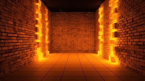 콘크리트 바닥의 3d 렌더링에서 네온 주황색 및 노란색 조명 벽돌 벽이 있는 추상 빈 방 네온 룸 원근법 배경 어두운 빛