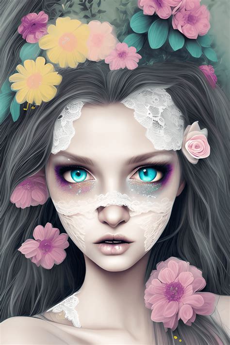 Adorable Goth Girl White Lace Pretty Eyes Flowers Pastel Yellows Creative Fabrica