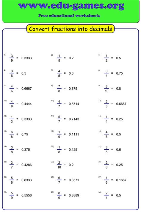 Converting Decimal To Fraction Worksheet Pdf