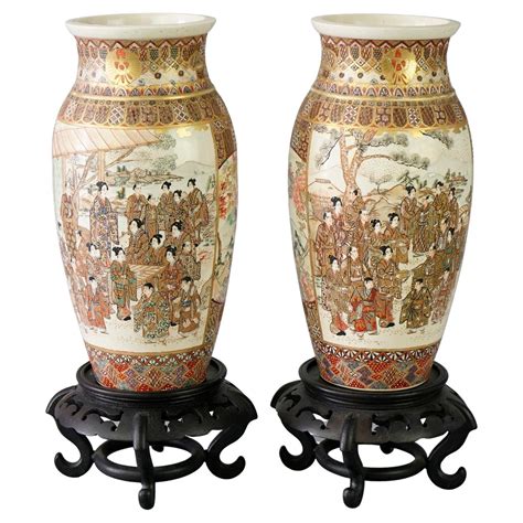 Antique Japanese Meiji Satsuma Gilt Decorated Porcelain Vases And Wood