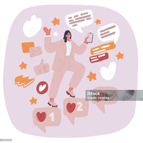 여자의 벡터 일러스트 레이 션은 계단 케이스를 위로 소셜 미디어를 밟습니다 온라인 네트워킹 개념에 대한 스톡 벡터 아트 및 기타 이미지 Istock