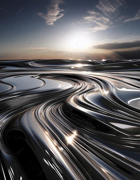 Abstract Landscape Of Swirling Metallic Liquid Reflecting A Sunset Background Wallpaper Image