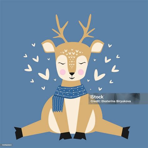 목에 따뜻한 니트 스카프를 두른 귀여운 겨울 사슴 뿔이 있는 귀여운 사슴이 발굽으로 발을 벌리고 앉아 있고 하트가 있는 만화 사슴 평면 그림 12월에 대한 스톡 벡터 아트