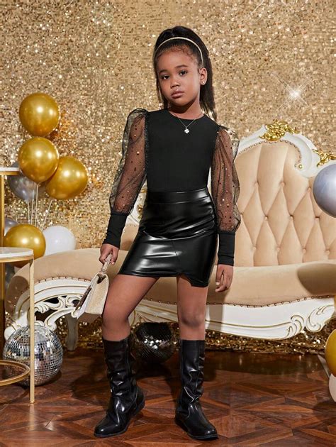 Tween Girls Fashionable Party Knitted Round Neck Mesh Panel Long Sleeve T Shirt Shein Uk