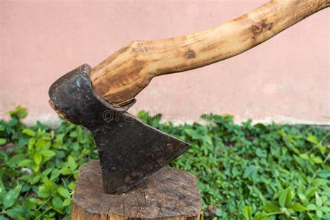 Antique Sharp Ax In A Log Stock Image Image Of Battle 258042819