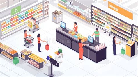 Bright And Modern Isometric Supermarket With Customers Shopping And