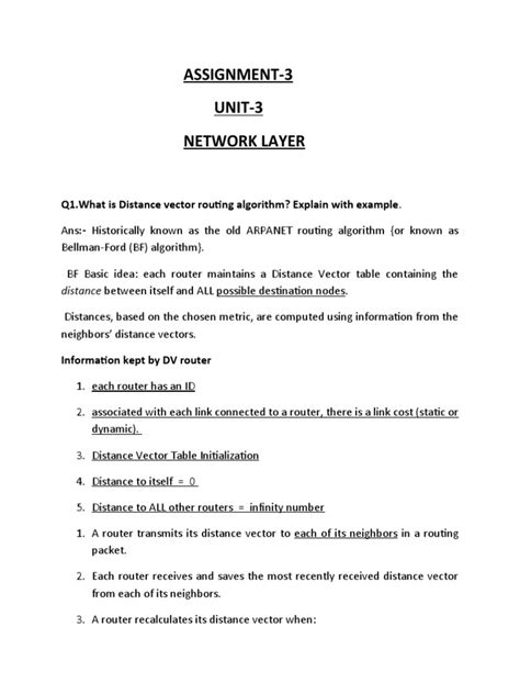 Assignment 3 Unit 3 Network Layer Q1what Is Distance Vector Routing Algorithm Explain With