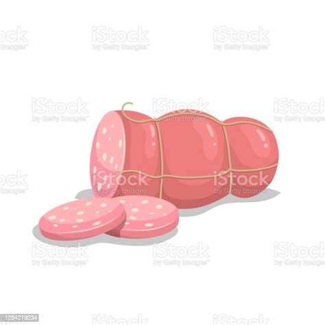 만화 플랫 스타일 삶은 소시지 요리하고 슬라이스와 고기 제품을 준비합니다 흰색 배경에서 격리된 벡터 그림입니다 모타델라에 대한 스톡 벡터 아트 및 기타 이미지 Istock