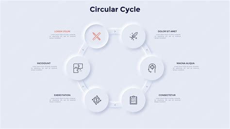 6개의 원형 요소가 있는 원형 차트 제조 주기의 6단계 개념 Neumorphic 인포그래픽 디자인 템플릿 순환 비즈니스 프로세스 시각화를 위한 최신 벡터 그림 프리미엄 벡터