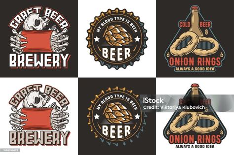 맥주 캡 캔 홉 스켈레톤 및 병이 있는 양조 엠블럼 또는 수제 맥주 로고의 맥주 세트 두개골 맥주 유리 및 바 펍 또는 양조장 상점을 위한 보리가 있는 라벨 또는 인쇄