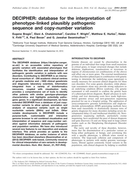 Pdf Decipher Database For The Interpretation Of Phenotype Linked Plausibly Pathogenic