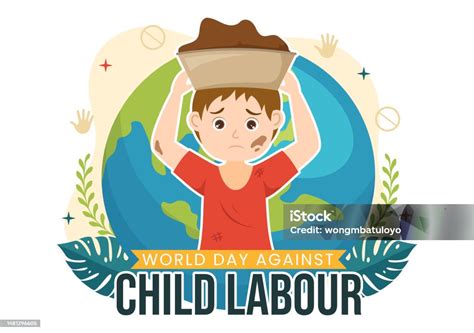 아동 노동에 반대하는 세계 일 캠페인 템플릿을 위해 손으로 그린 평평한 어린이 만화에서 삶의 필수품을 위해 일하는 아이들과 함께 일러스트레이션 6월에 대한 스톡 벡터 아트