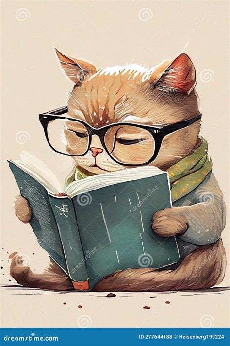 A Nerd Cat Reading Book Oil Painting Stock Illustration Illustration Of Moustache Digital