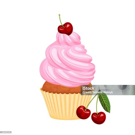 체리 컵케이크는 하얀 배경에 분리되어 있다 휘핑크림과 체리를 얹은 케이크의 벡터 그림 0명에 대한 스톡 벡터 아트 및 기타 이미지 0명 거품 내기 건강한 식생활