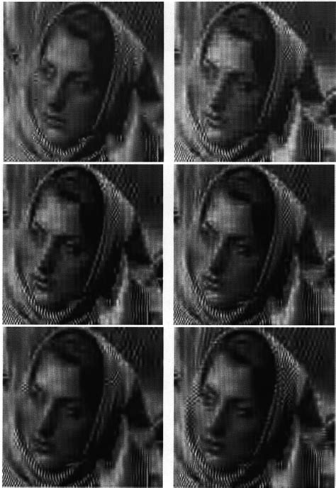 enlarged portions of the barbara image compressed at 1 64 using various