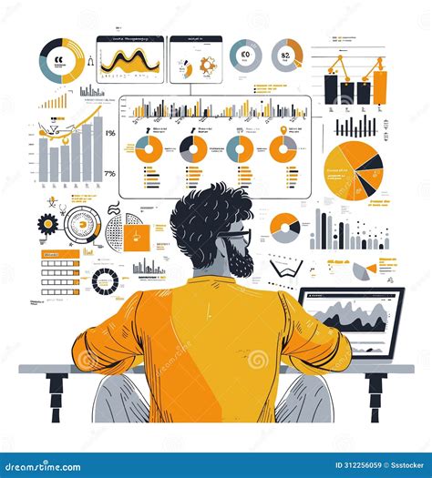 Man Data Analyst Stylized Cartoon Vector Concept Infographic Charts Big Data Back View Bearded