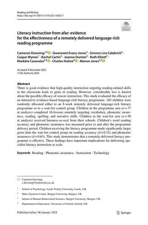 Pdf Literacy Instruction From Afar Evidence For The Effectiveness Of A Remotely Delivered