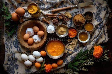 Overhead View Of Pumpkin Pie Ingredients On Table Stock Illustration