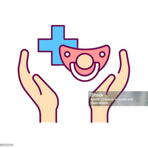 소아과 색상 선 아이콘입니다 의료 보험 표지판 보육 개념 웹 페이지 모바일 앱 프로모션에 대한 픽토그램 Ui Ux Gui 디자인 요소입니다 젖꼭지에 대한 스톡 벡터 아트 및