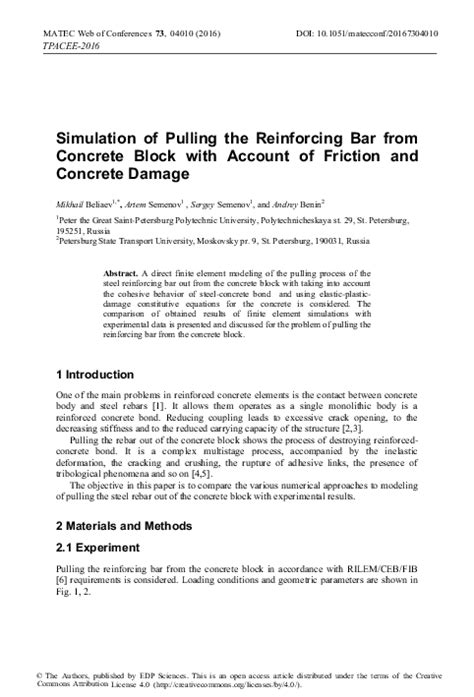 Pdf Simulation Of Pulling Reinforcing Bar From Concrete Part 2 Models Without Account Of