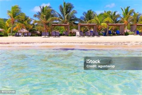 Beach With Relaxing Gazebos And Beach Chairs Montego Bay Jamaica Stock