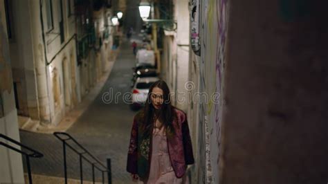 Woman Traveler Going Stairs Night City Street Girl Walking Upstairs