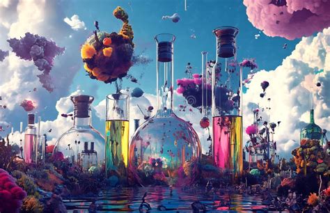 Science Lab Fantasy Landscape With Beakers And Flasks Filled With