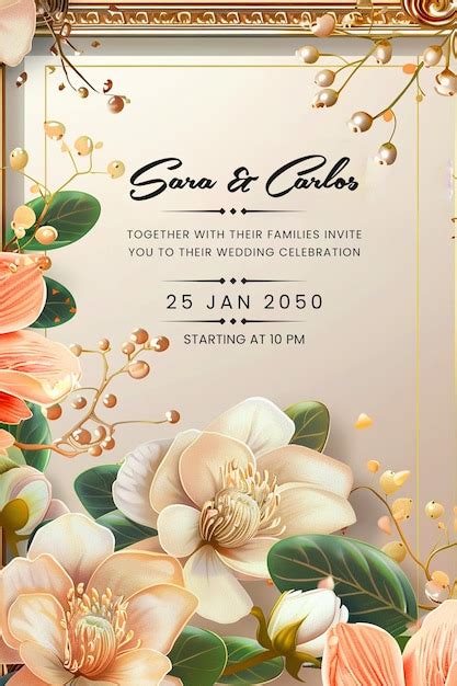 꽃 과 장식물 이 들어 있는 결혼식 초대 인사 카드 프리미엄 Ai 생성 Psd