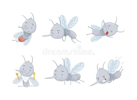 Cute Funny Mosquitoes Characters Set Funny Parasitic Insects Cartoon Vector Illustration Stock