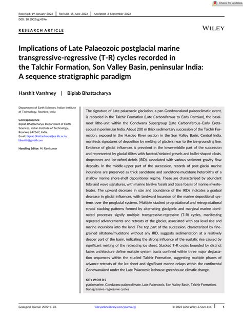 Pdf Implications Of Late Palaeozoic Postglacial Marine Transgressive‐regressive T‐r Cycles