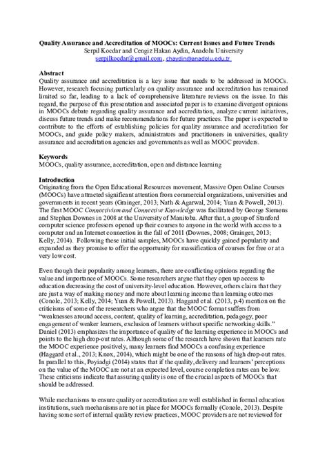Doc Quality Assurance And Accreditation Of Moocs Current Issues And Future Trends