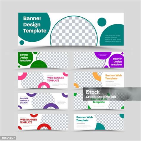 벡터 수평 흰색 웹 배너의 큰 세트원형 멀티 컬러 디자인 요소와 사진에 대한 장소 웹 배너에 대한 스톡 벡터 아트 및 기타 이미지 웹 배너 개념 개체 그룹 Istock