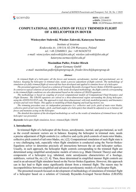 Pdf Computational Simulation Of Fully Trimmed Flight Of A Helicopter In Hover