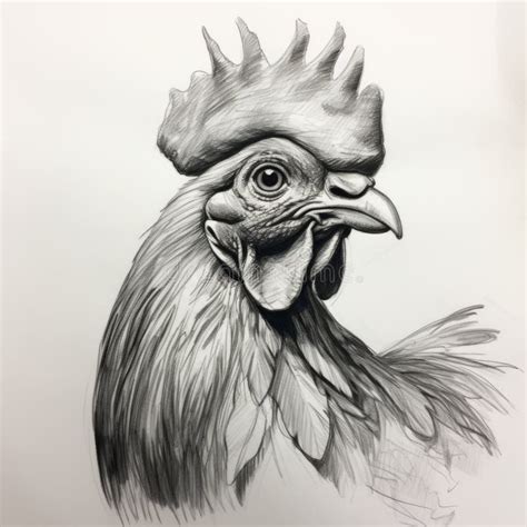 Happy Chicken Portrait Pencil And Charcoal Rooster Drawing Stock