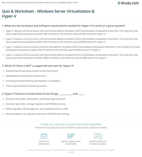 Quiz And Worksheet Windows Server Virtualization And Hyper V