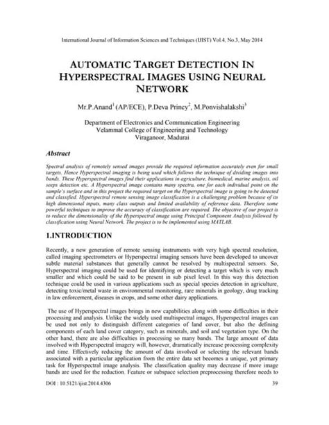 automatic target detection in hyperspectral images using neural network pdf