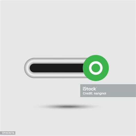 실버 버튼 라운드 배경이 있는 끄기 슬라이더 스타일의 전원 버튼에서 On 버튼은 녹색과 흰색 원으로 동봉되어 흰색 배경에 그림자가 있습니다 아이콘에 대한 스톡 벡터 아트 및