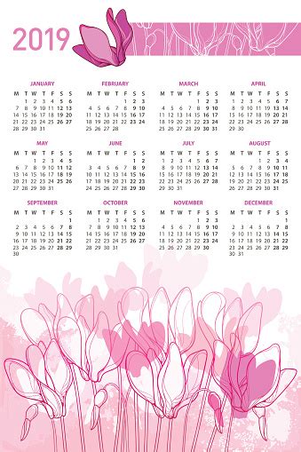 개요 시 클 라 멘 또는 고산 보라색 꽃 무리와 파스텔 핑크에 꽃 봉 오리의 꽃다발과 2019 년의 벡터 수직 벽 달력입니다 0명에 대한 스톡 벡터 아트 및 기타 이미지