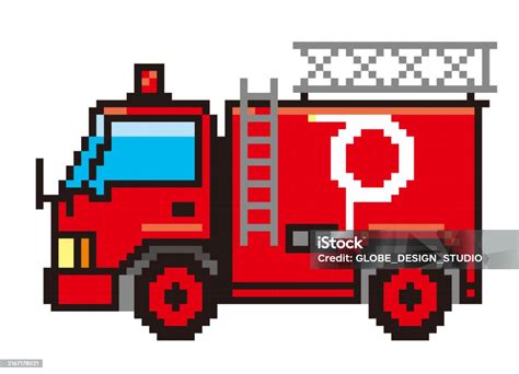 복고풍과 단순한 픽셀 아트 자동차 8 비트로 그려진 소방차 일하는 자동차의 그림 0명에 대한 스톡 벡터 아트 및 기타 이미지