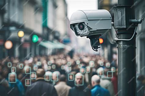 Premium Ai Image Hightech Security Camera In A Busy Street Using Facial Recognition Technology