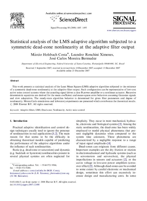Pdf Statistical Analysis Of The Lms Adaptive Algorithm Subjected To A