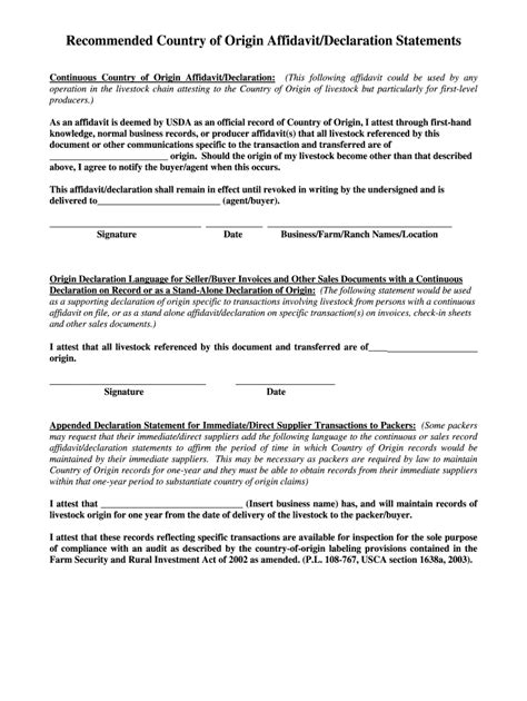 Fillable Online Recommended Country Of Origin Affidavit Declaration Statements Fax Email Print