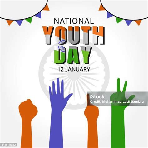 인도 벡터 일러스트레이션에서 전국 청소년의 날 인사말 카드 포스터 및 배너에 적합 1월에 대한 스톡 벡터 아트 및 기타 이미지