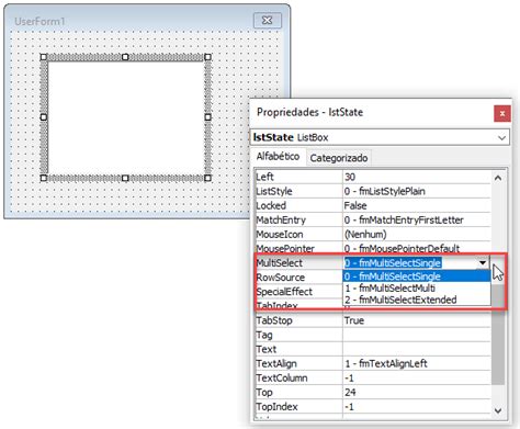 vba caixa de listagem item selecionado automate excel