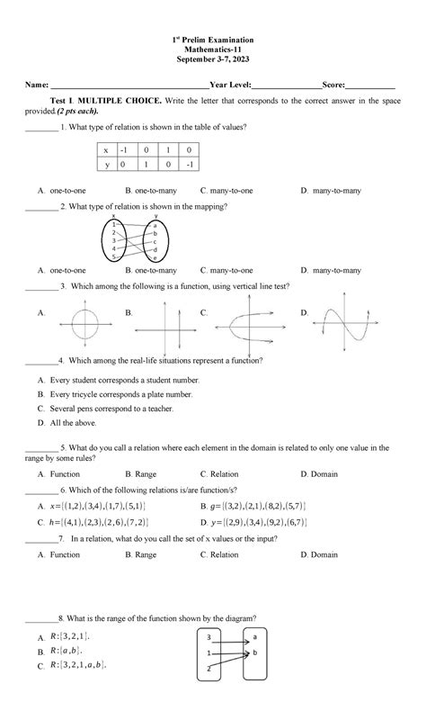 Math 11 Exam General Mathematics 1 St Prelim Examination Mathematics September 3 7 2023